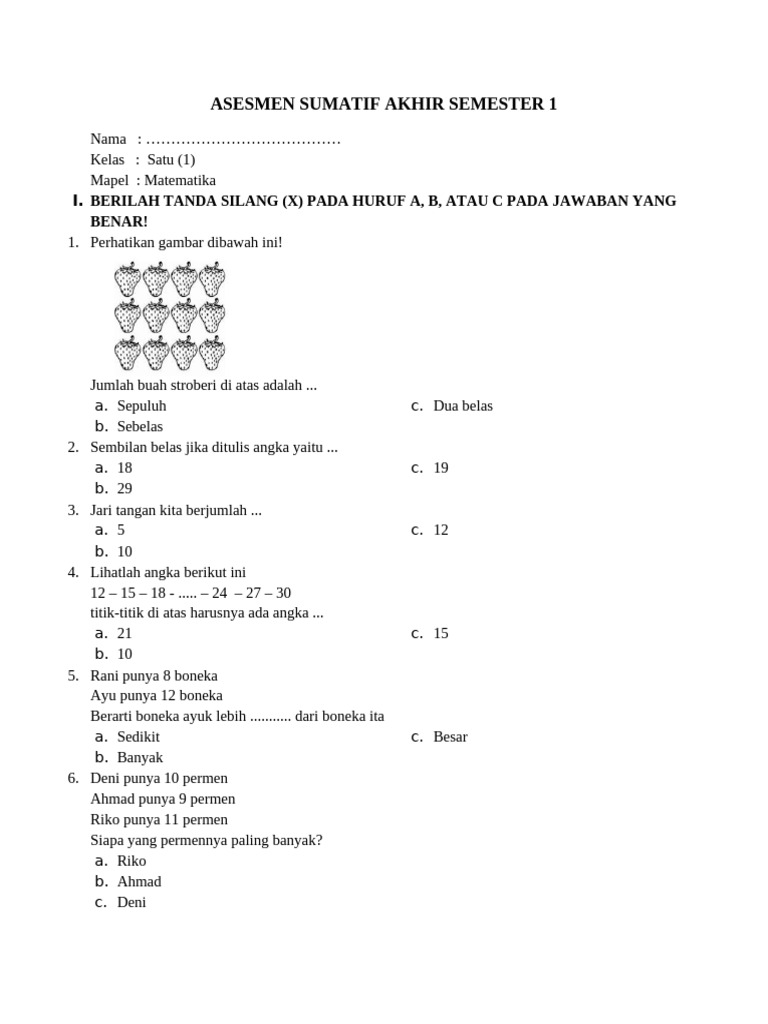 ASAS 1 MTK kelas 1 | PDF