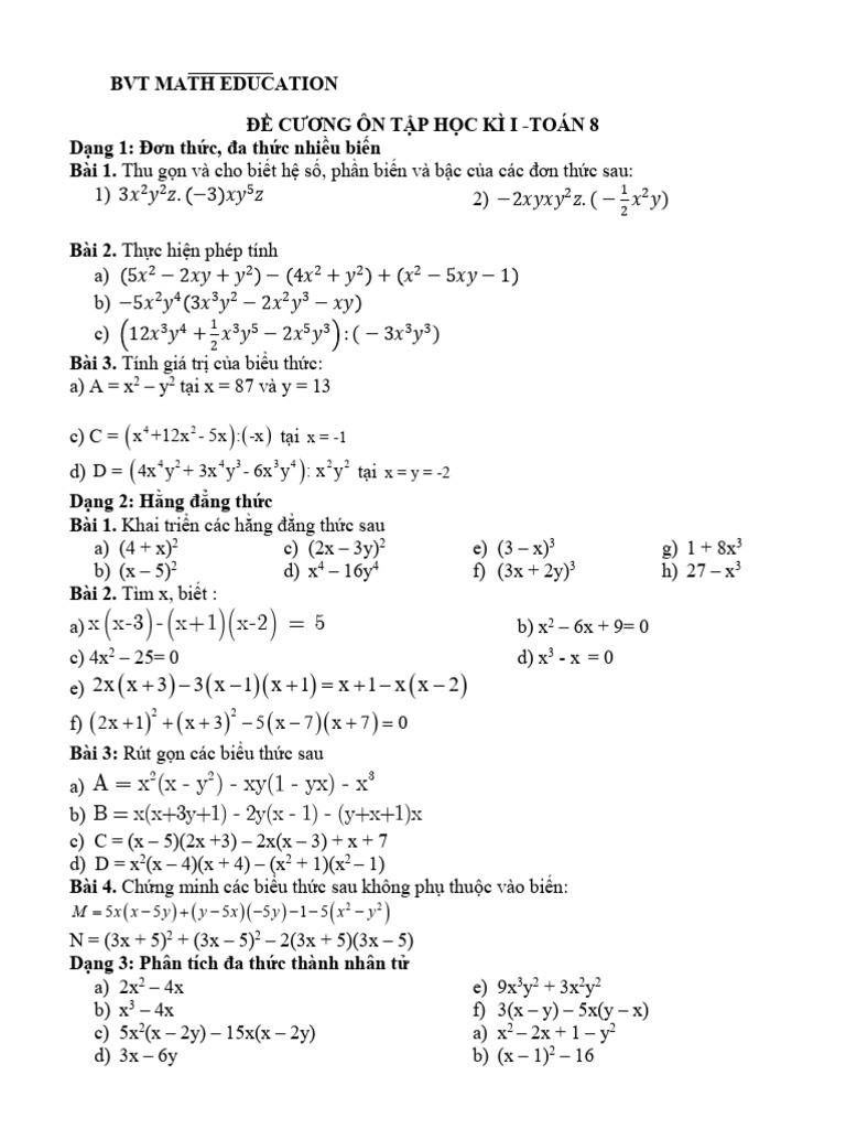 Đề cương toán 8 hk 1 | PDF
