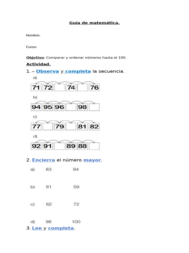 Comparar y Ordenar Números hasta 100 | PDF