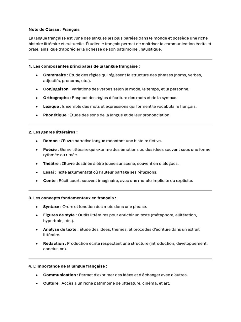 Notes de Classe - Français | PDF | Langue française | Lexique
