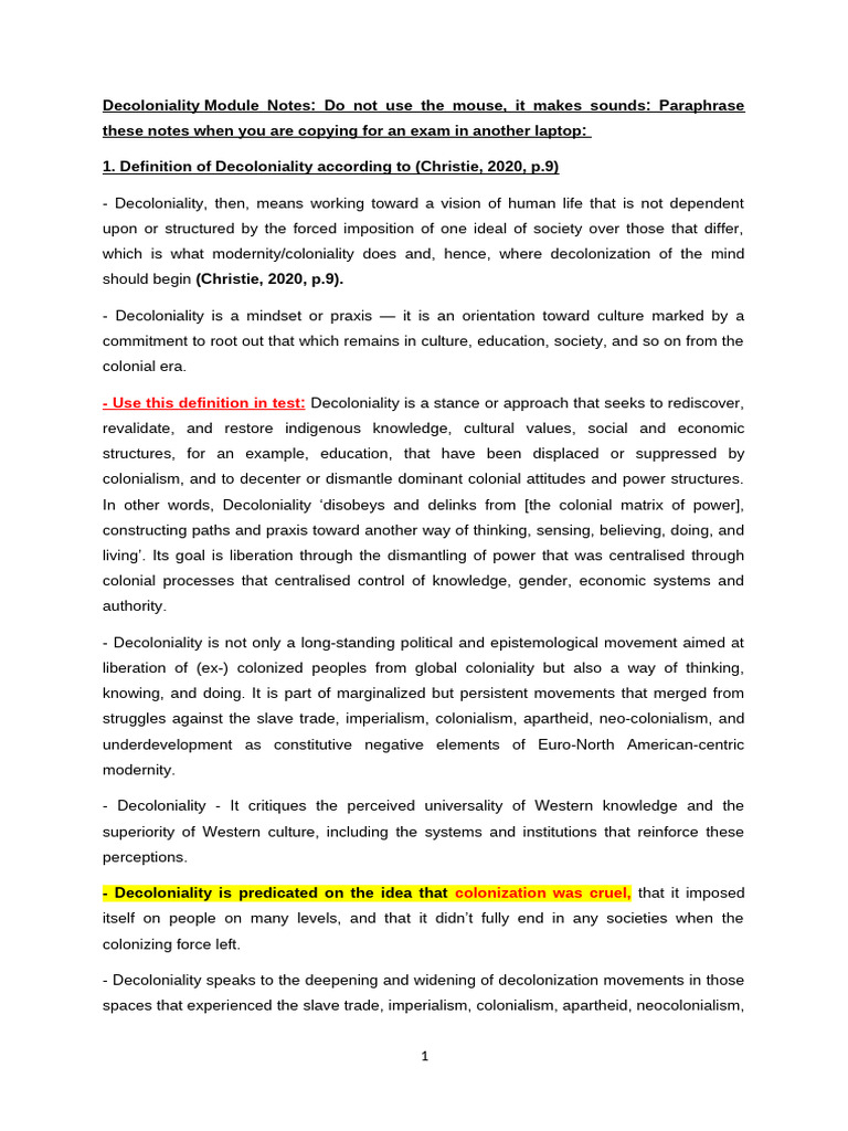 Decoloniality Module Notes To Use For The Exam 2024 | PDF | Colonialism ...