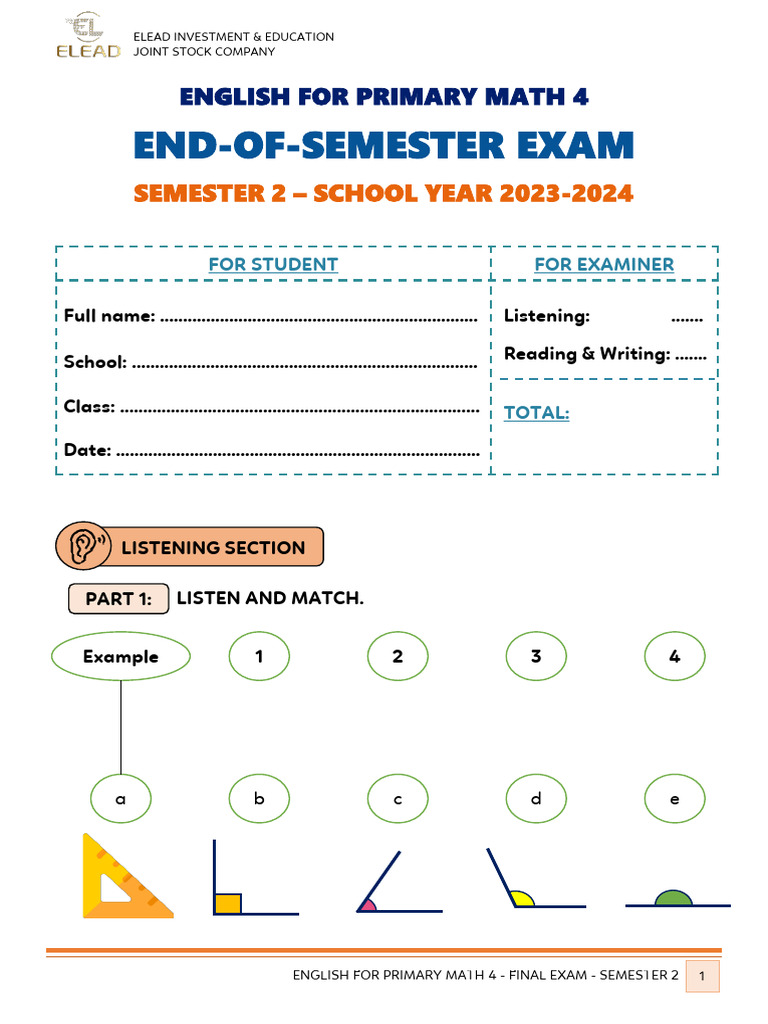 Primary Math 4 Final Exam 2023-24 | PDF | Division (Mathematics ...