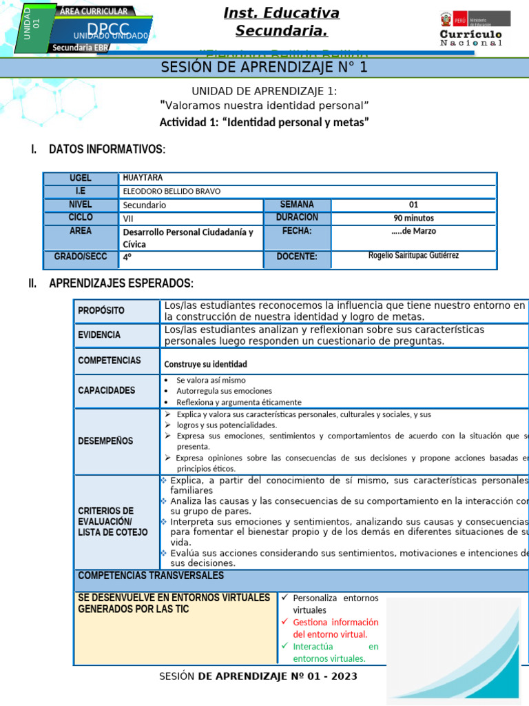 4º DPCC Ses 1 Uni 1 Sem 01 - 2023 | PDF | Aprendizaje | Maestros