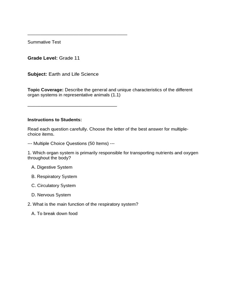 summative_test_earth and life science (8) | PDF | Human Body | Human ...