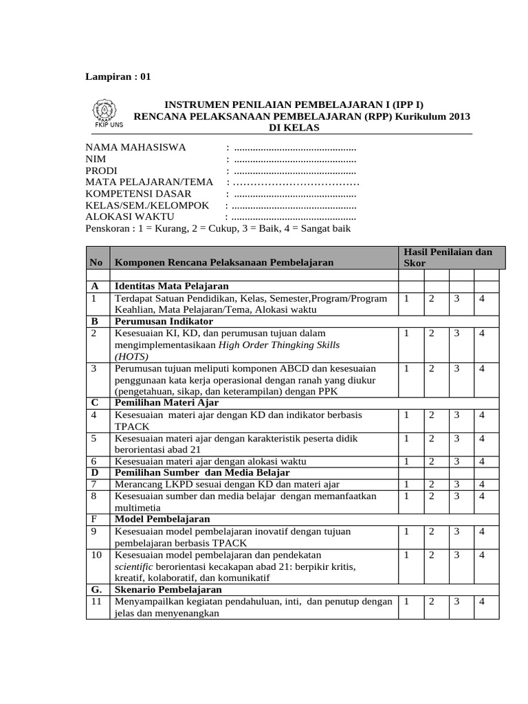 Lampiran 1. INSTRUMEN PENILAIAN PEMBELAJARAN I (IPP I) | PDF