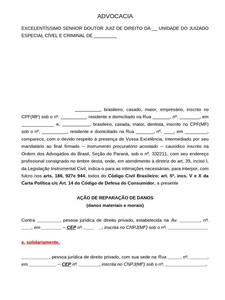 Acao Indenizacao Reparacao Dano Moral Material Juizado Atraso Voo Agencia Viagem Modelo | PDF ...