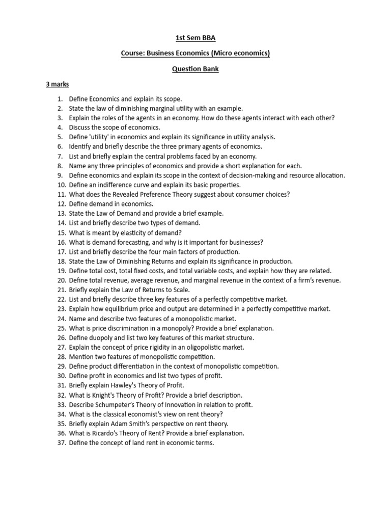 Micro Economics 1st Sem BBA Question Bank | PDF | Economics | Elasticity (Economics)