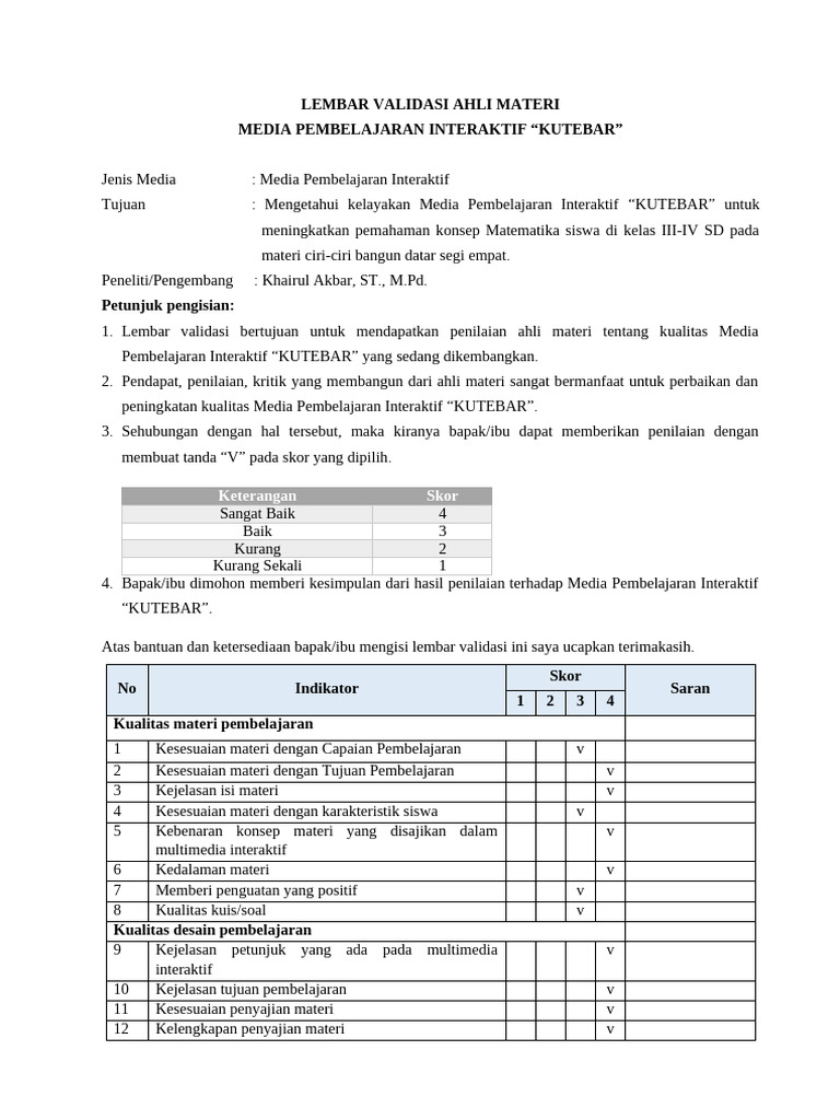 Lembar Validasi Ahli Materi | PDF