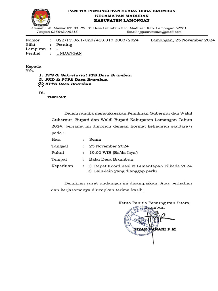 Undangan Rapat Koordinasi Pilkada 2024 | PDF