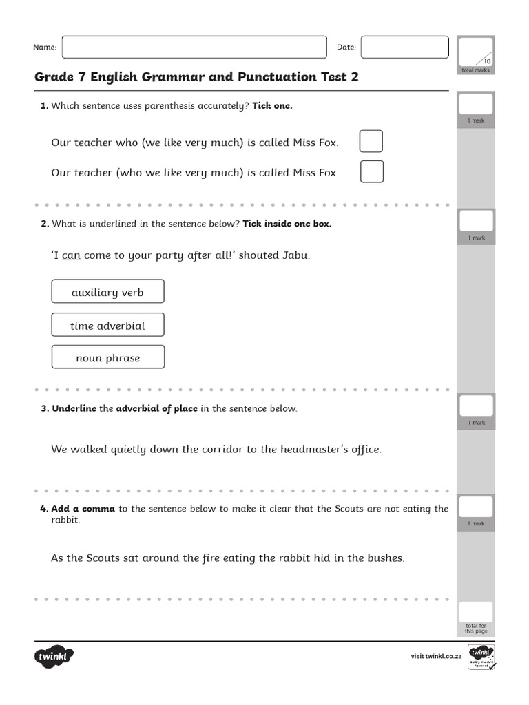 Grade 7 Grammar and Punctuation Test | PDF | English Grammar | Sentence ...