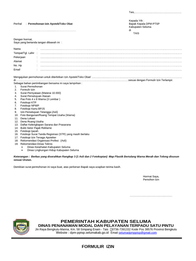 Formulir Permohonan Izin Apotek Toko Obat - Copy | PDF