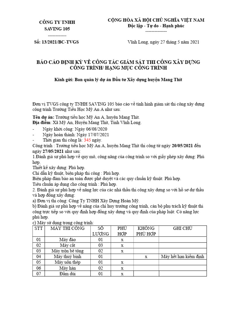 BÁO CÁO ĐỊNH KỲ 13 C.TRÌNH TR TIỂU HỌC MỸ AN A H.MANG THÍT | PDF