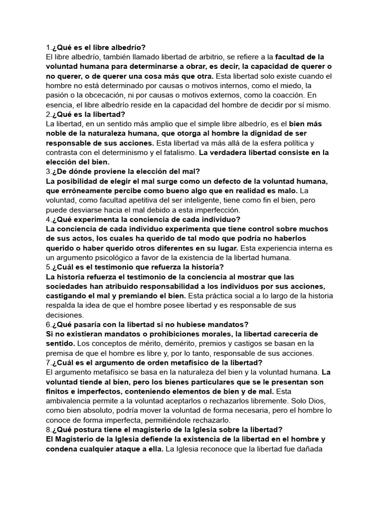 Cuestionario La Libertad Del Hombre | PDF | Libre albedrío | Libertad