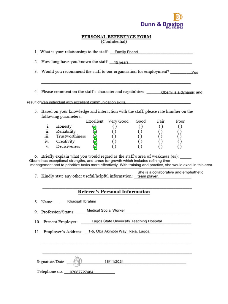 Reference Form Filled | PDF