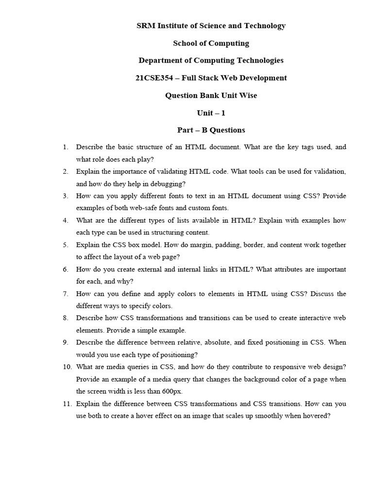 21CSE354T - Full Stack Web Development Question Bank | PDF | Html ...
