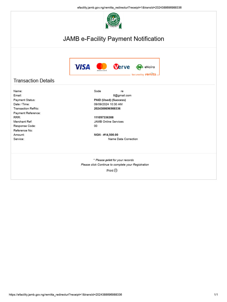Slip - NG Remitta Redirecturl Receipt 1&transid 2024383396988336 | PDF