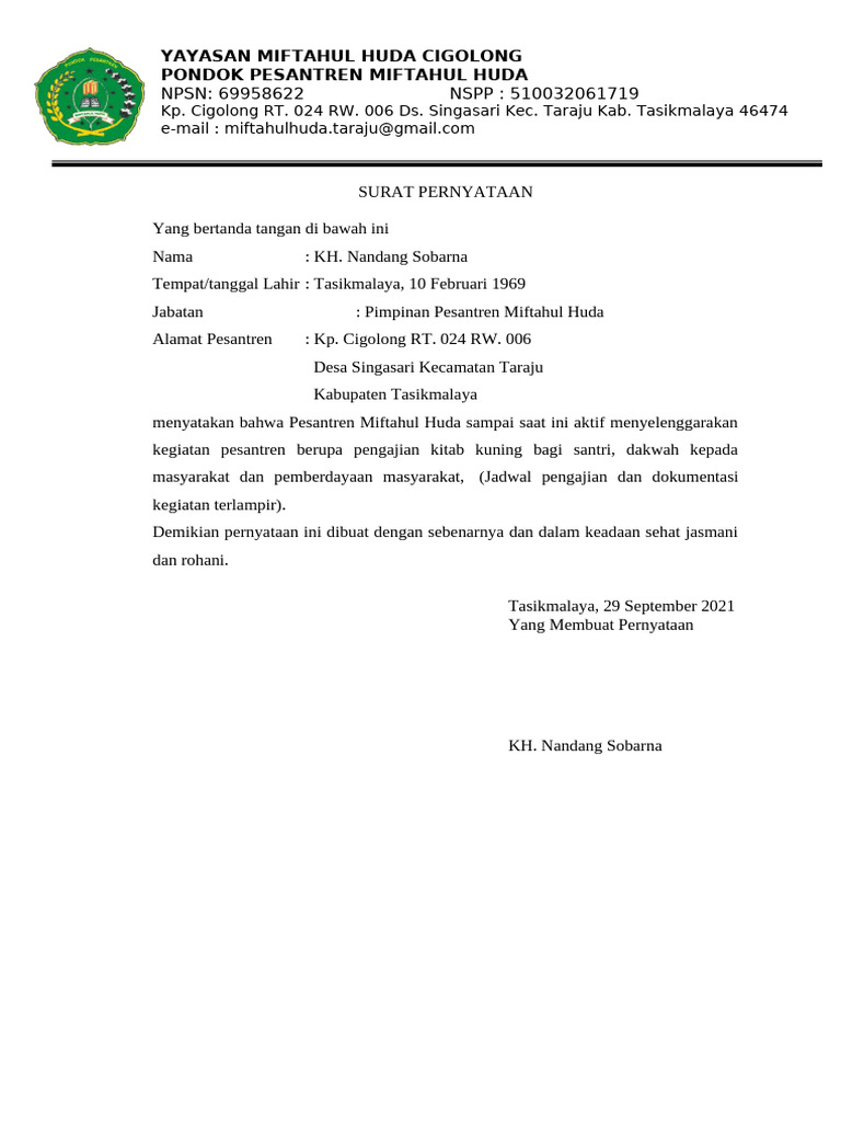 Surat Pernyataan Pesantren Miftahul Huda | PDF