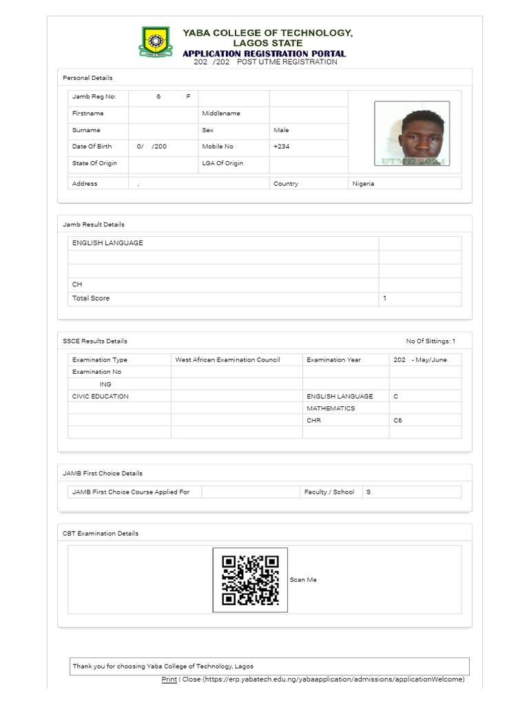 486388985-Shasanya-YABATECH-POST-UTME-Registration-Form-Slip | PDF