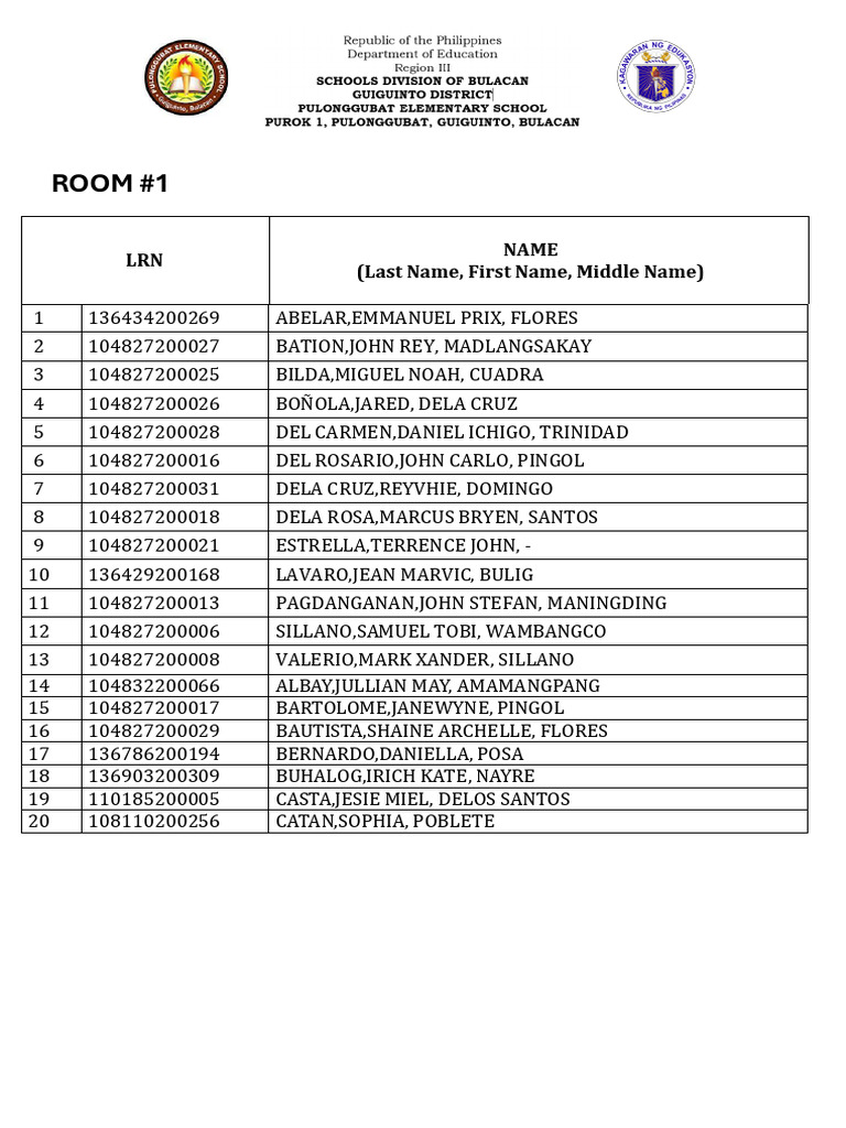 Student List for Room Assignments | PDF