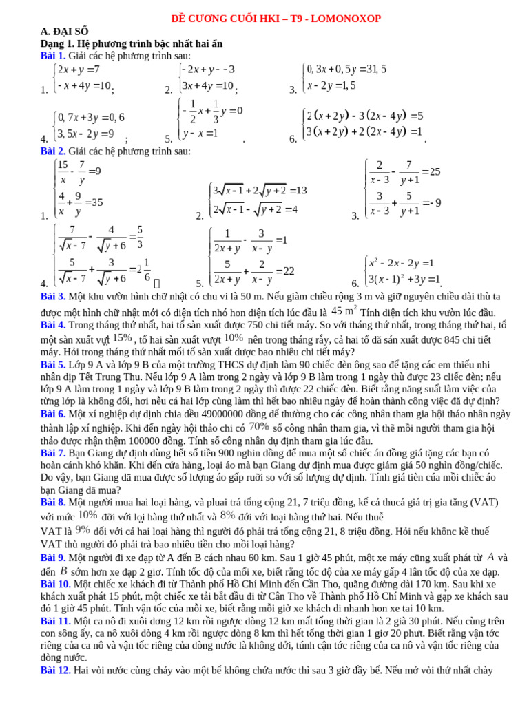 ĐỀ CƯƠNG HKI TOÁN 9 LOMONOXOP | PDF
