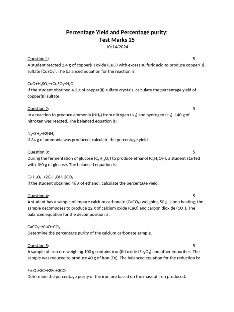 Percentage Yield and Purity Calculations | PDF