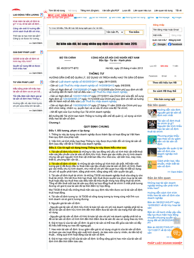 Thông tư 45 - 2013 - TT-BTC Chế độ quản lý sử dụng và trích khấu hao tài sản cố định mới nhất | PDF