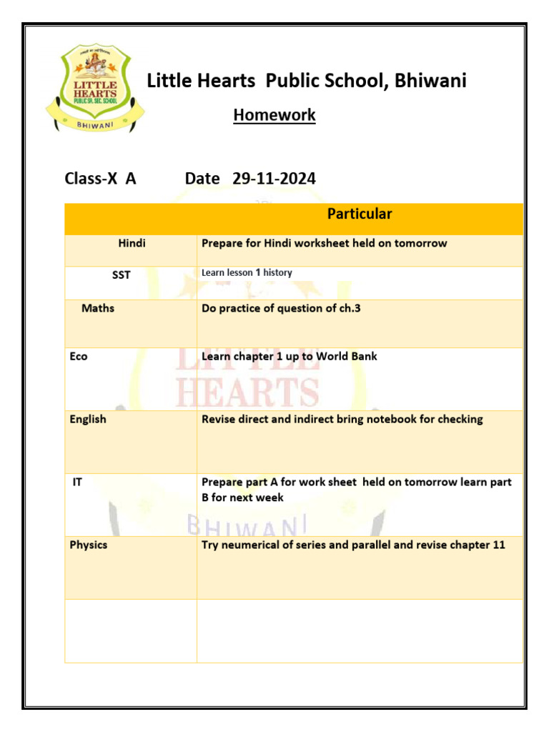 Class 10 Homework Schedule | PDF