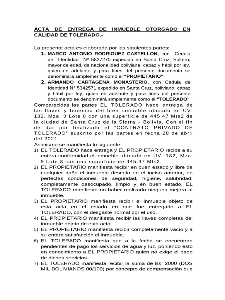Acta de Entrega de Inmueble | PDF