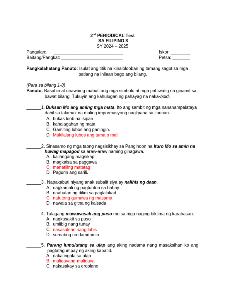 Filipino 8 2nd Periodical Test | PDF
