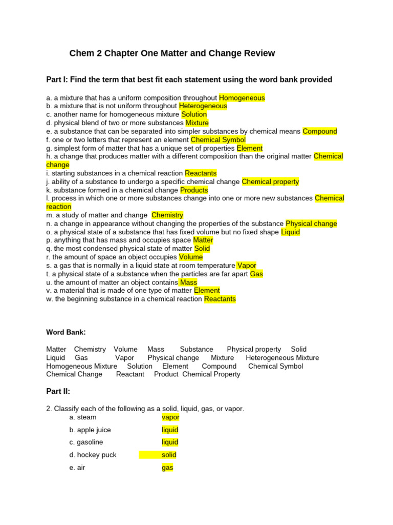 Chemistry Matter and Change Review Guide | PDF | Mixture | Chemical ...