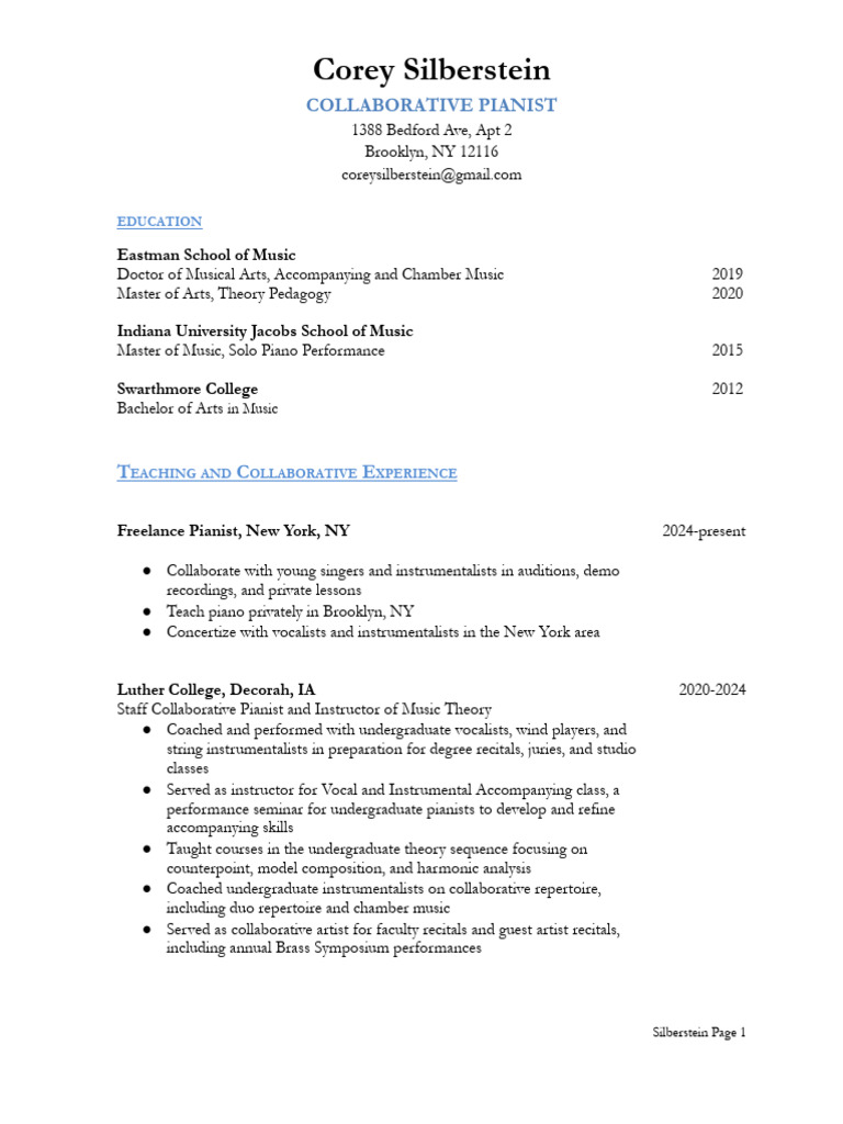 Corey Silberstein: Collaborative Pianist Resume | PDF | Chamber Music ...