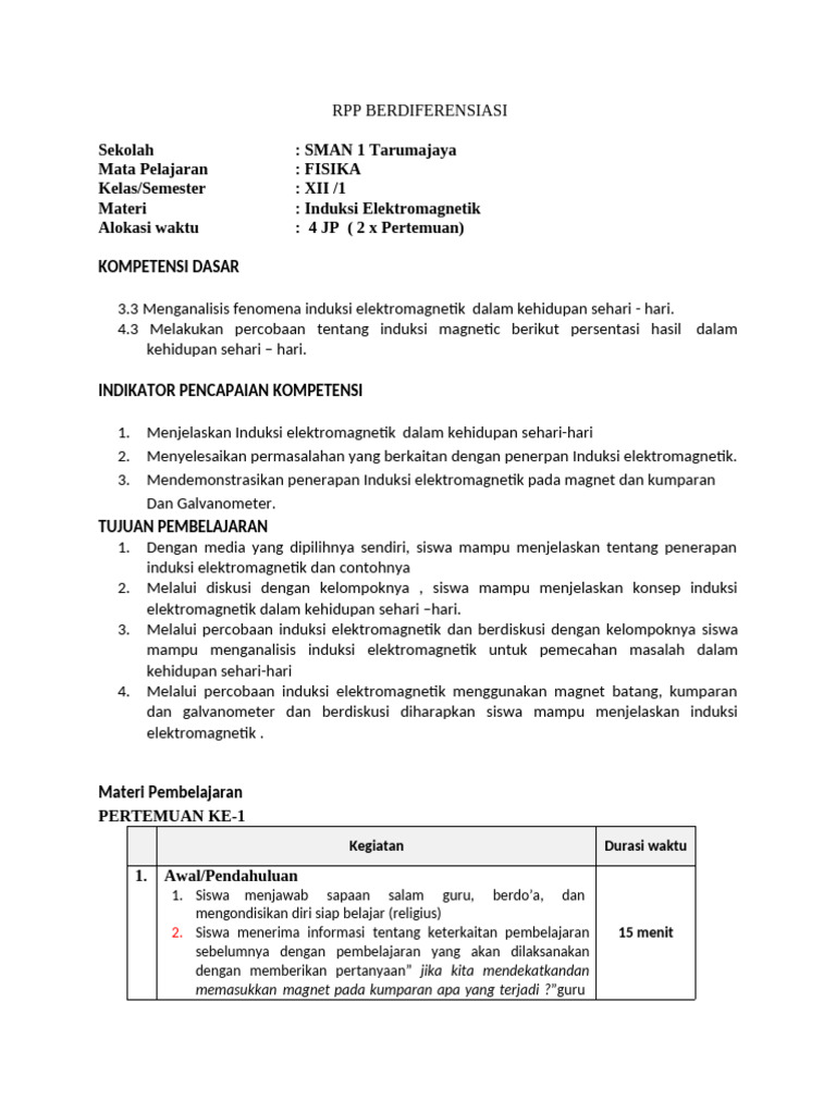 Rpp fisika berdiferensiasi Fisika kls xii bab Induksi Elektromagnetik | PDF