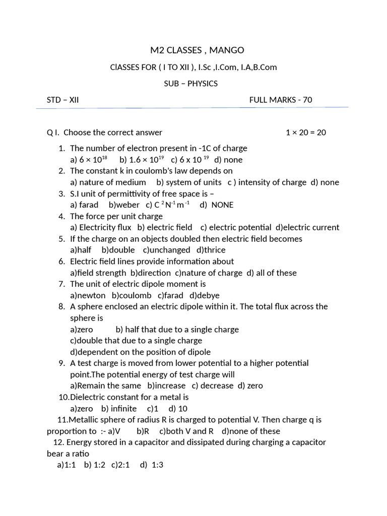 RVS QUESTION PAPER | PDF | Electric Field | Capacitor