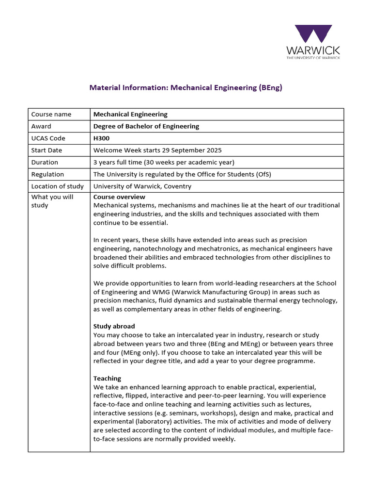 Mechanical Engineering BEng Course Overview | PDF | Engineering | Mechanical Engineering