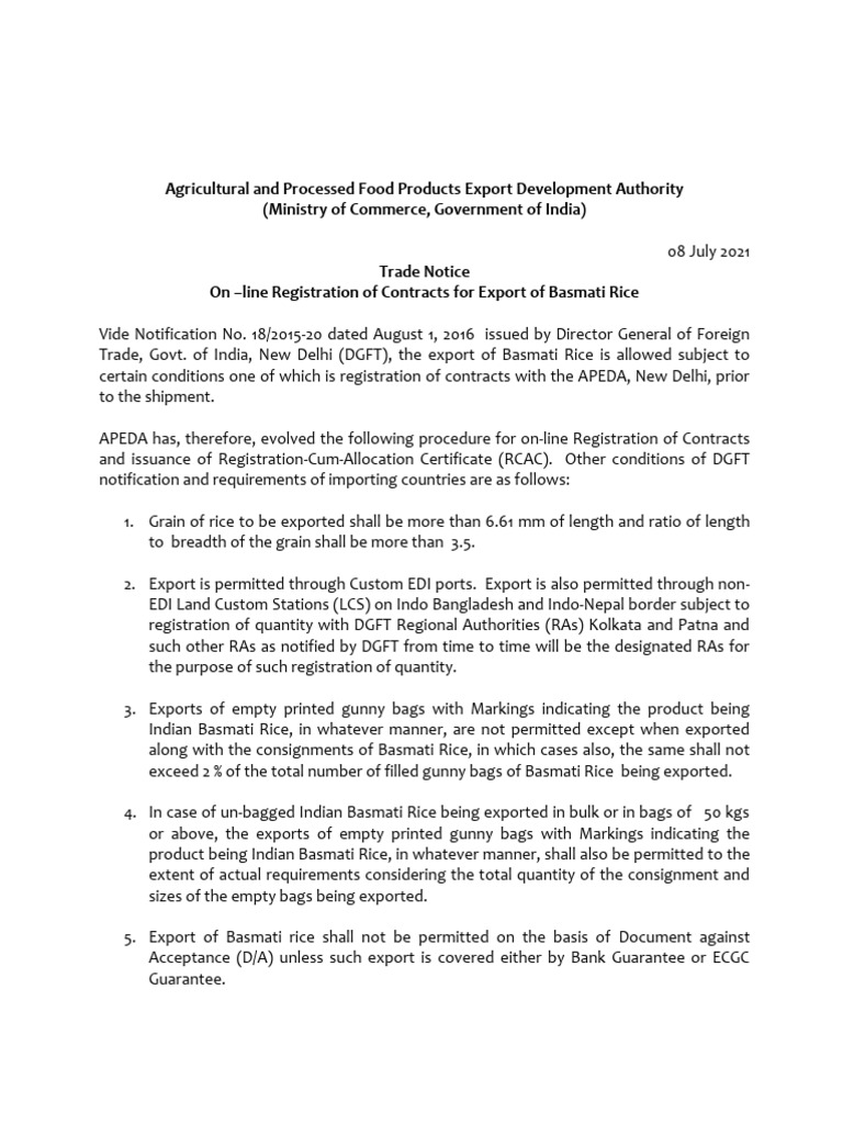 Trade Notice For Basamti Rice 08072021 | PDF