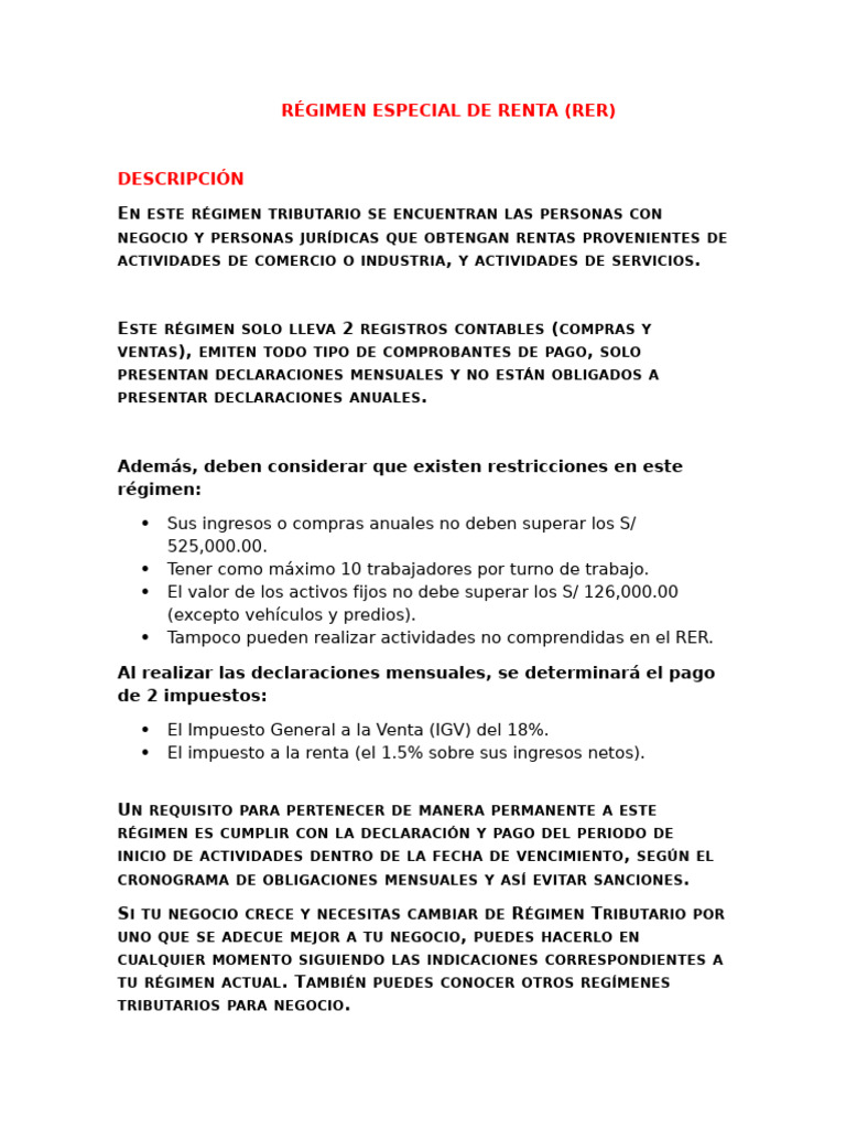 Régimen Especial de Renta (Rer) | PDF | Impuestos | Contabilidad