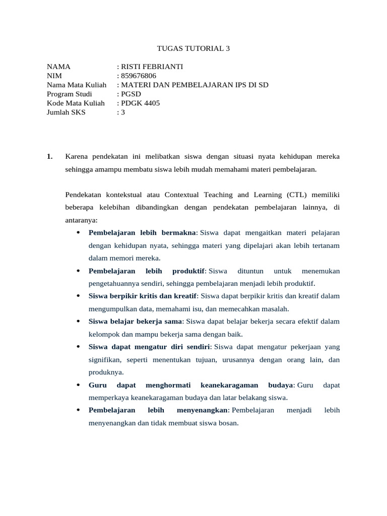 Tugas Tutorial 3 Materi Dan Pembelajaran Ips SD | PDF