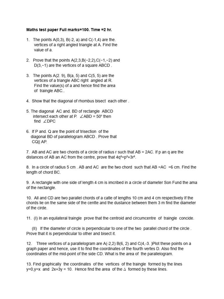 Maths Test Paper Full Marks 100. Time 2 Hr. | PDF | Triangle | Circle