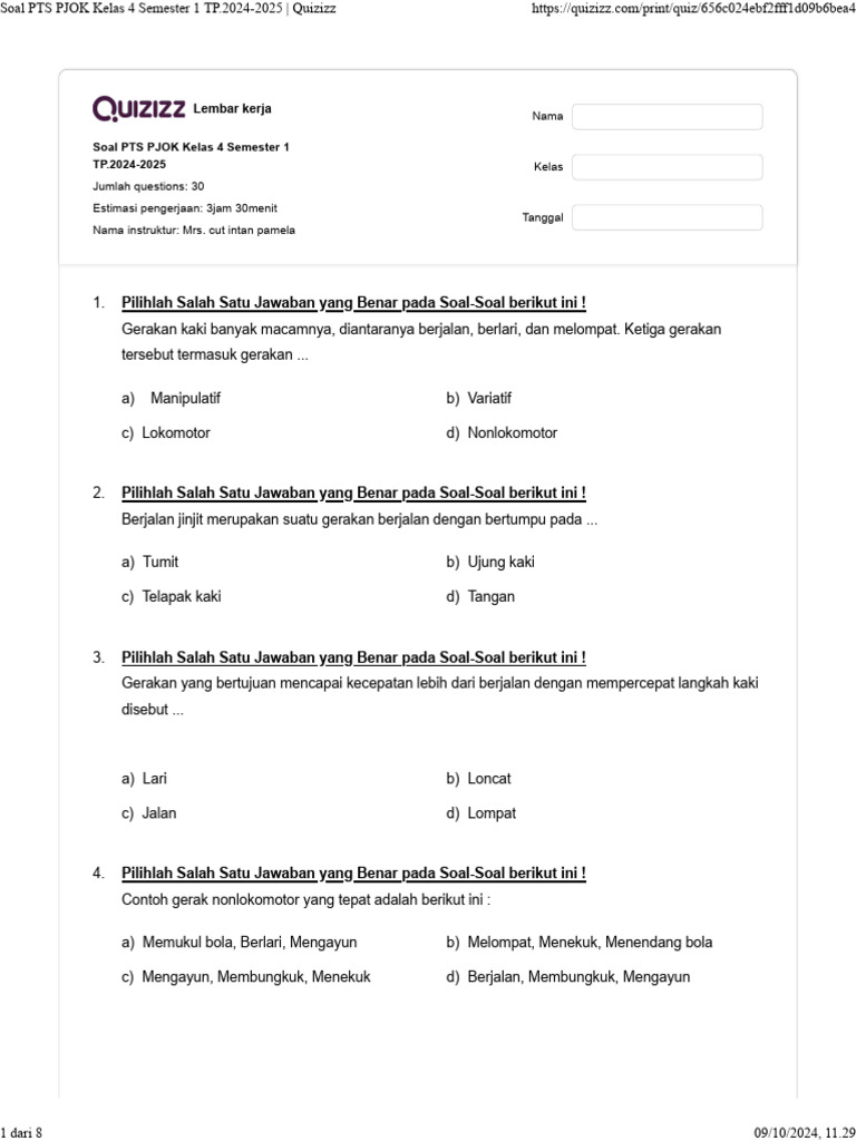 Soal PTS PJOK Kelas 4 Semester 1 | PDF