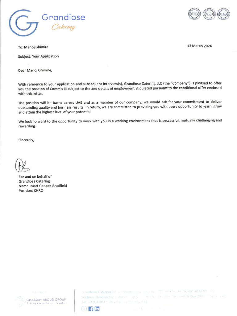 Offer Letter - Manoj | PDF