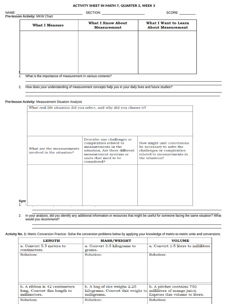Activity Sheet in Math 7 Q2 W3 | PDF | Pound (Mass) | Litre