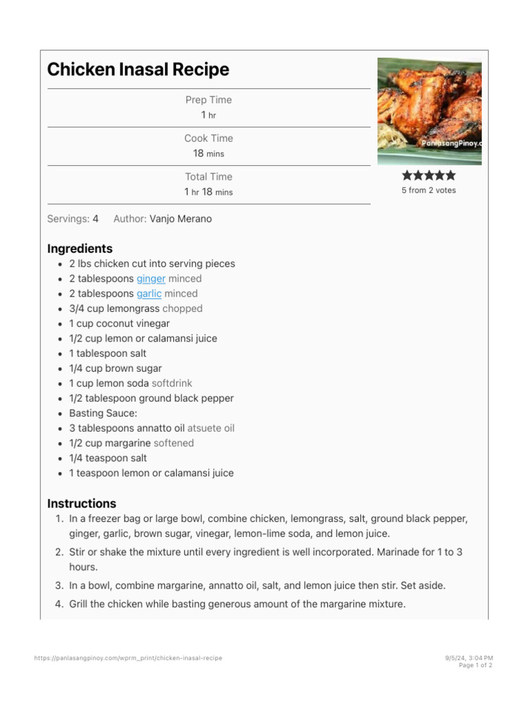 Chicken Inasal Recipe - Panlasang Pinoy | PDF