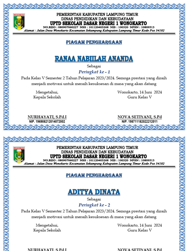 Piagam Penghargaan Untuk Anak Berprestasi | PDF