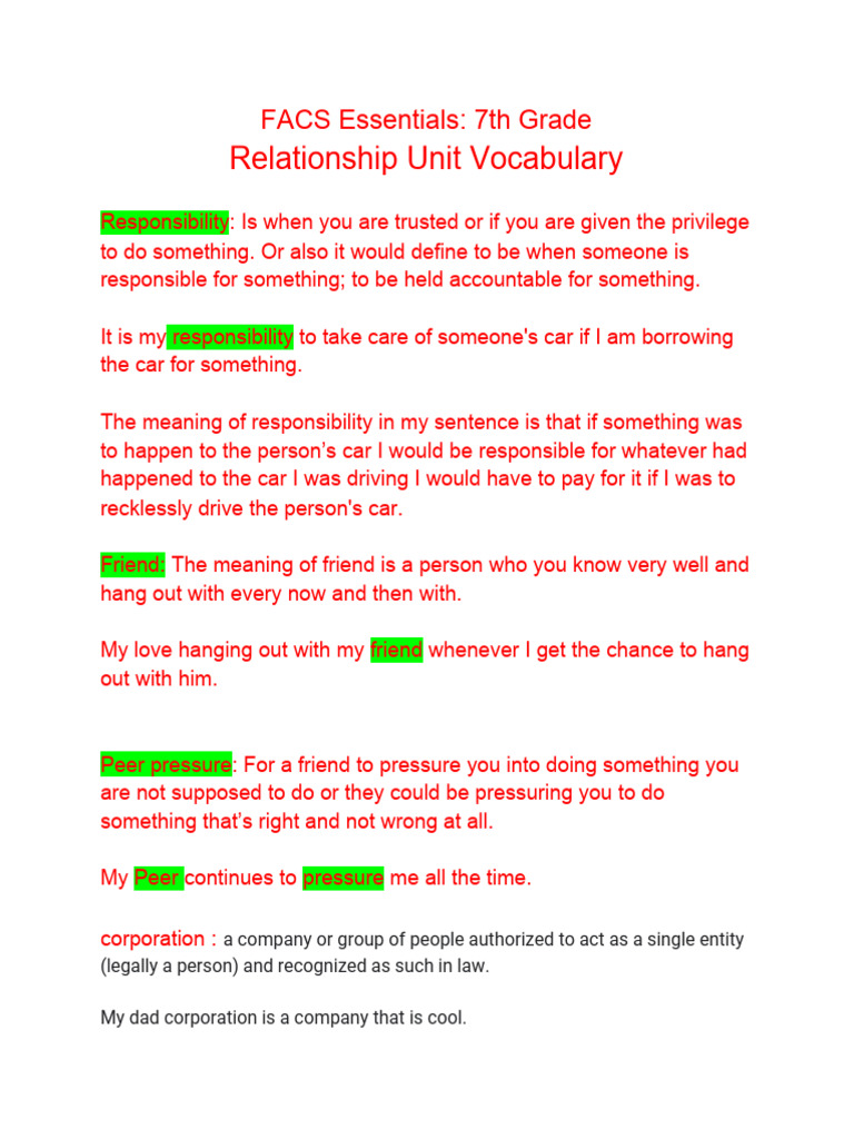 Relationship Unit Vocabulary | PDF