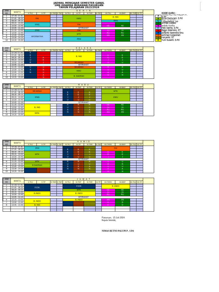 Jadwal Mengajar SMK Dharma Wirawan 2023-2024 | PDF