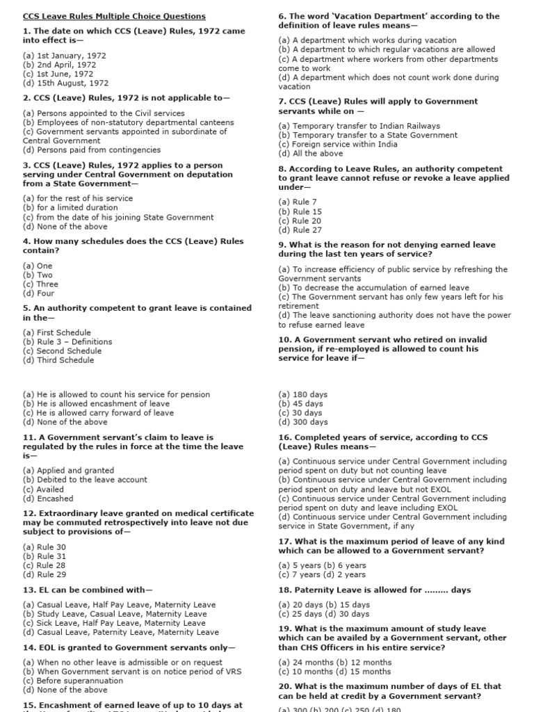 CCS Leave Rules Quiz | PDF | Salary | Parental Leave