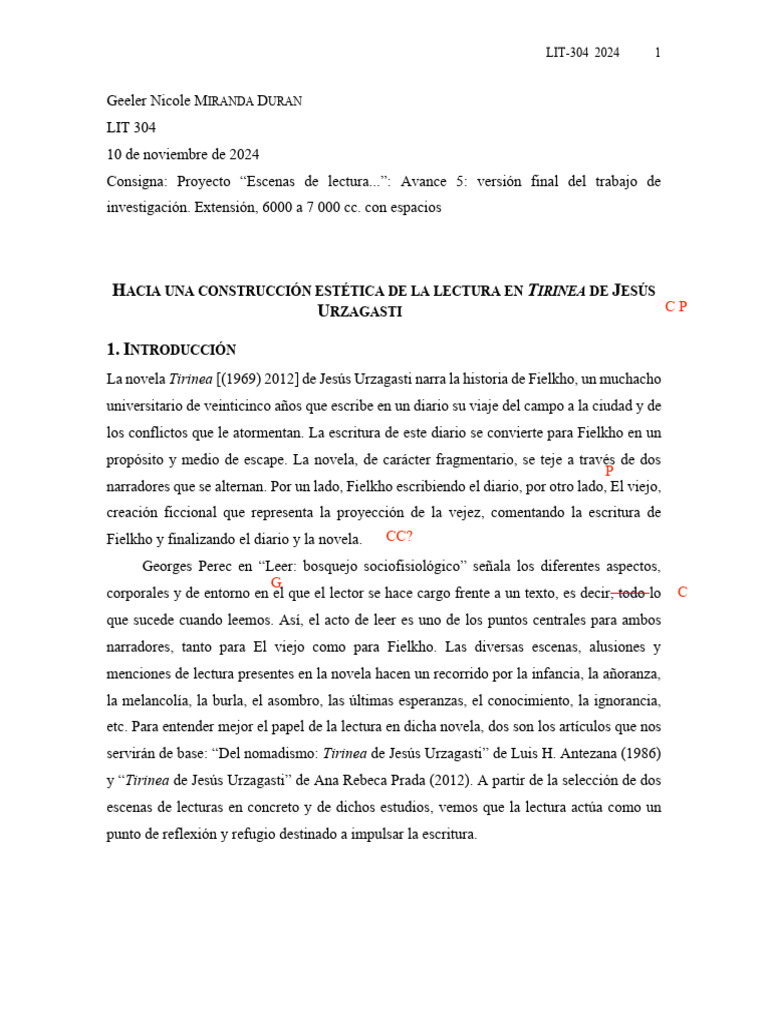 MIRANDA, Geeler Avance 5 Final (Tirinea) LIT 304 - 2 2024-1 | PDF | Albert Camus | Novelas