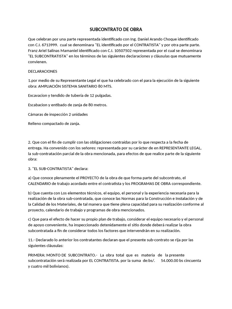 Subcontrato de Obra | PDF