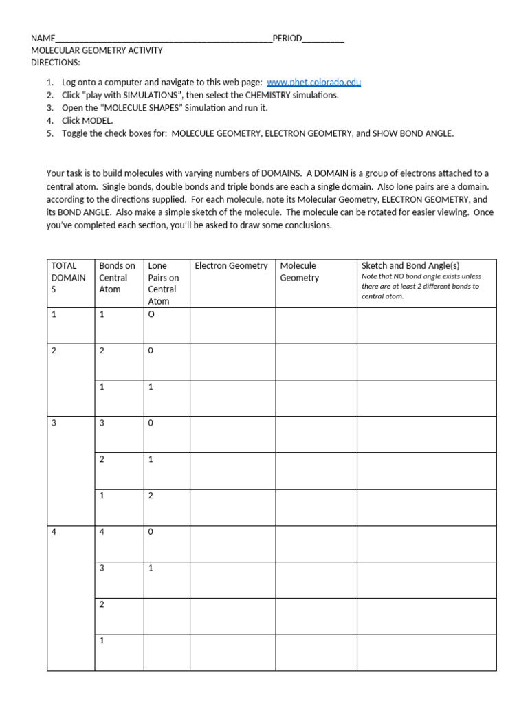 Molecular Geometry Phet Lab | PDF | Molecules | Chemical Bond