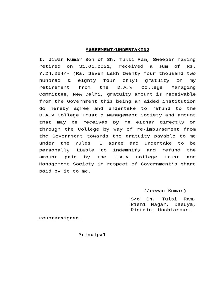 Agreement, Undertaking of Jiwan Kumar Sweeper | PDF